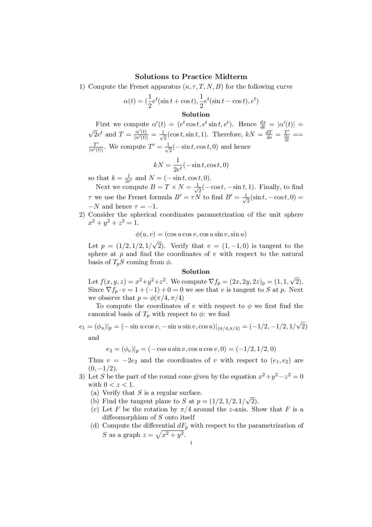 Solutions to Midterm Practice - Differential Geometry I | MATH 436 - Docsity