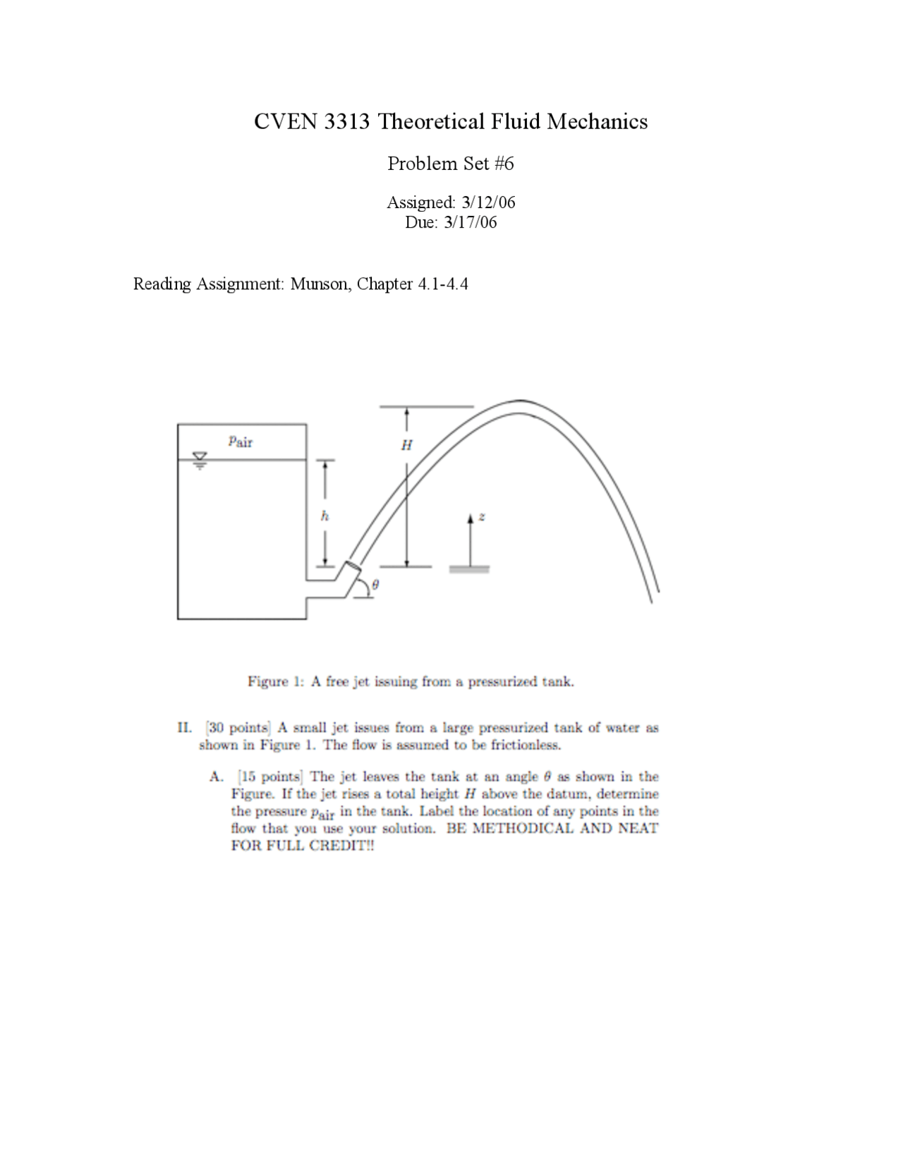 Problem Set 6 on Theoretical Fluid Mechanics | CVEN 3313 - Docsity