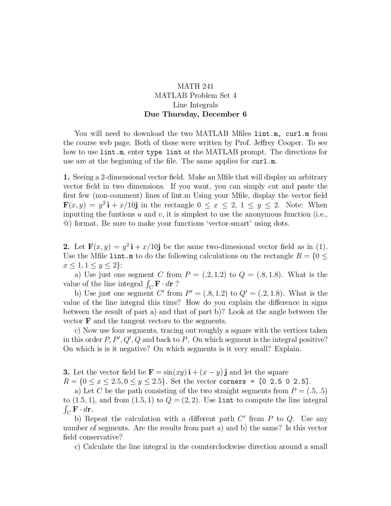 Matlab Problem Set 4 Line Integrals Calculus Iii Math 241 Docsity