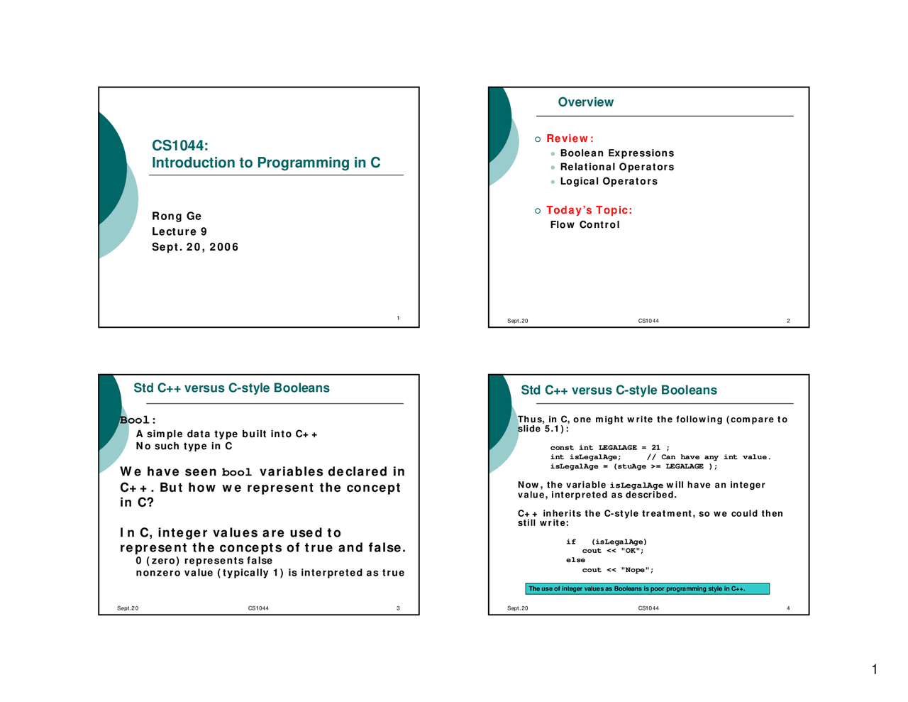 C++ Versus C Style Booleans - Slides | CS 1044 - Docsity
