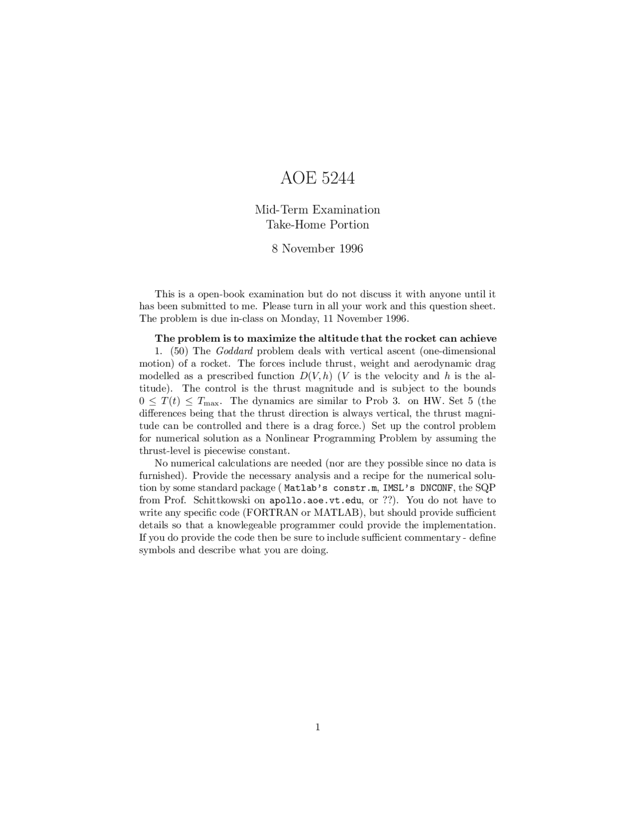Midterm Exam Question On Optimization Techniques Aoe 5244 Docsity