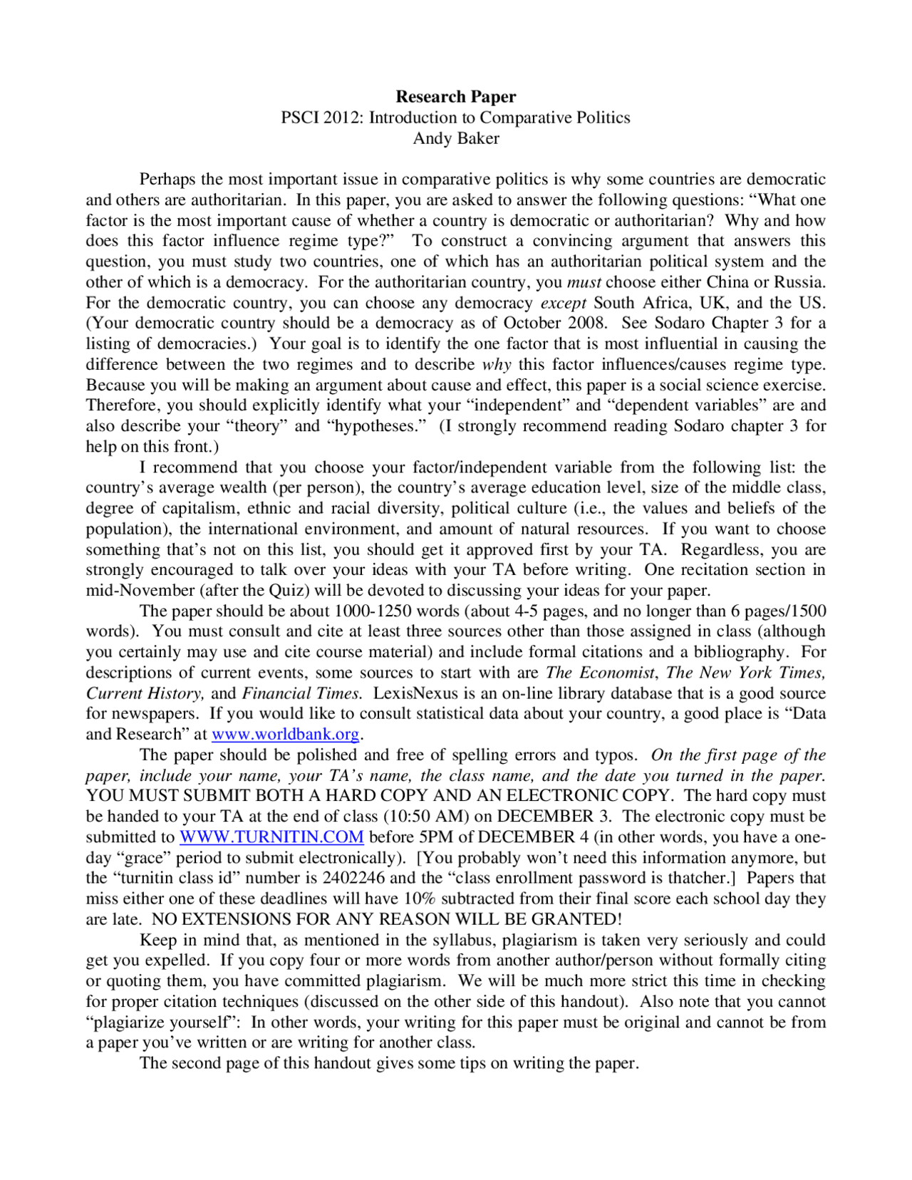 Research Paper Introduction To Comparative Politics Psci 2012 Docsity