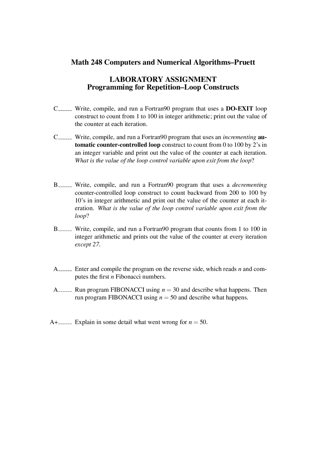 Programming for Repetition Loop Constructs - Laboratory Assignment ...