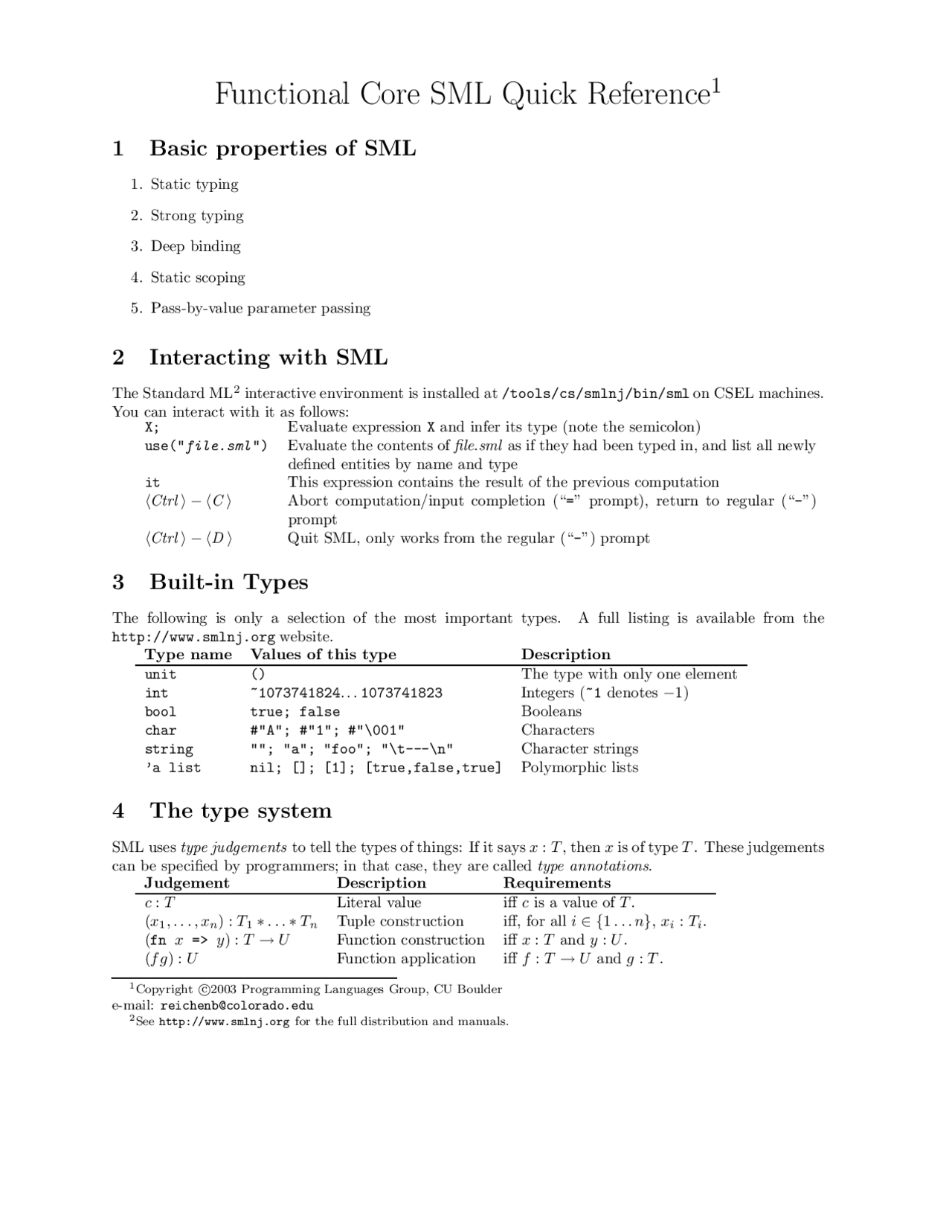Notes on Functional Core SML Quick Reference | CSCI 3202 - Docsity