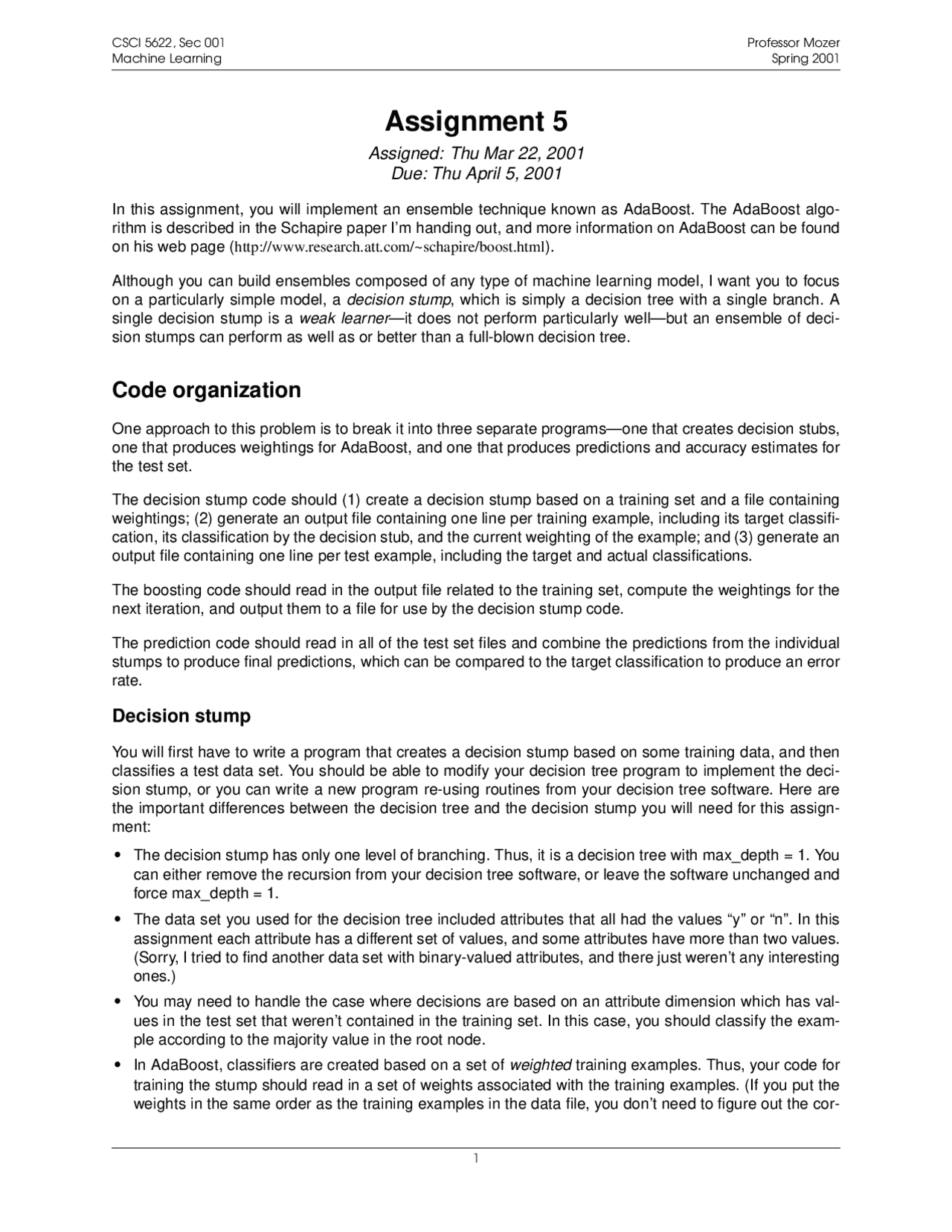 The AdaBoost Algorithm - Assignment V | CSCI 5622 - Docsity