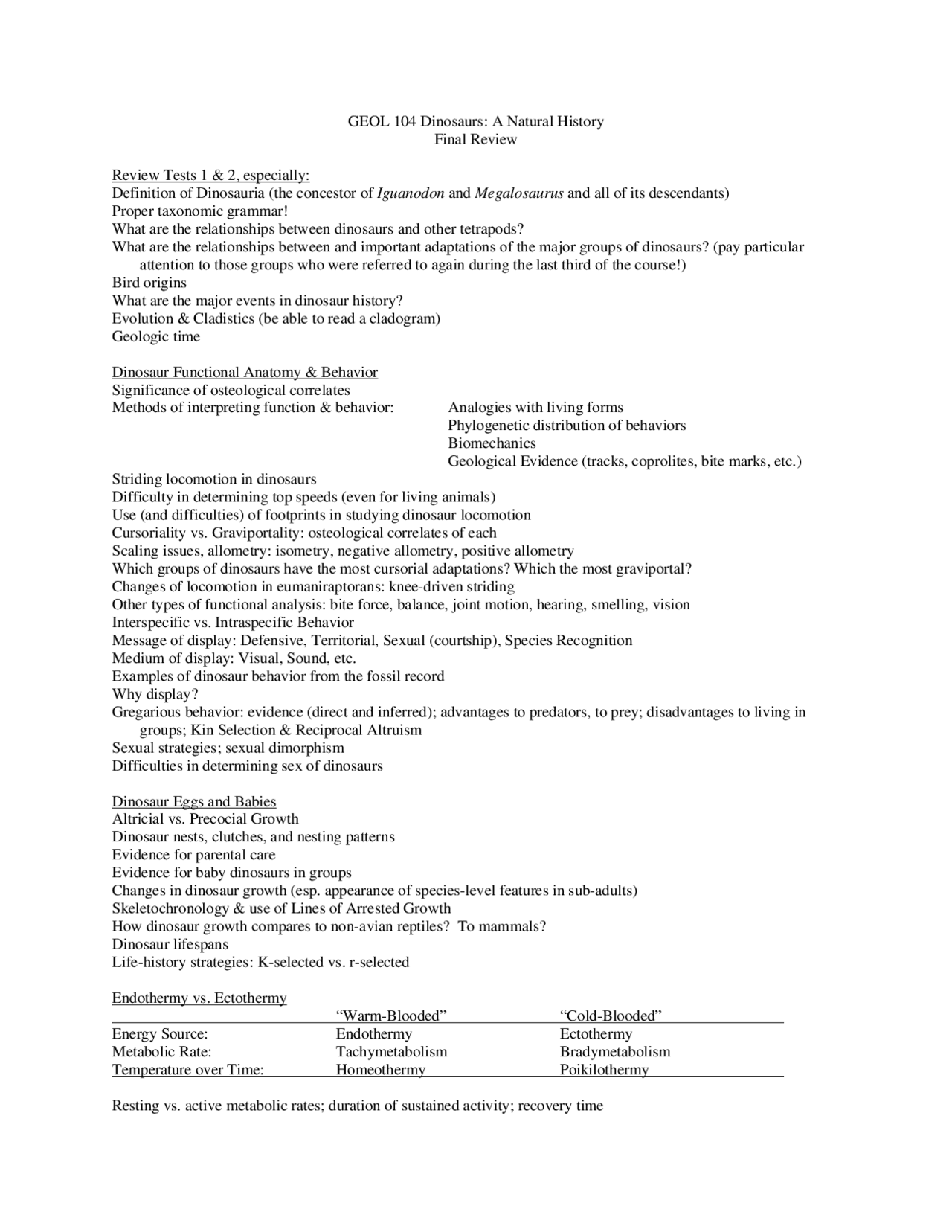 Dinosaur Functional Anatomy And Behaviour Geol 104 Docsity
