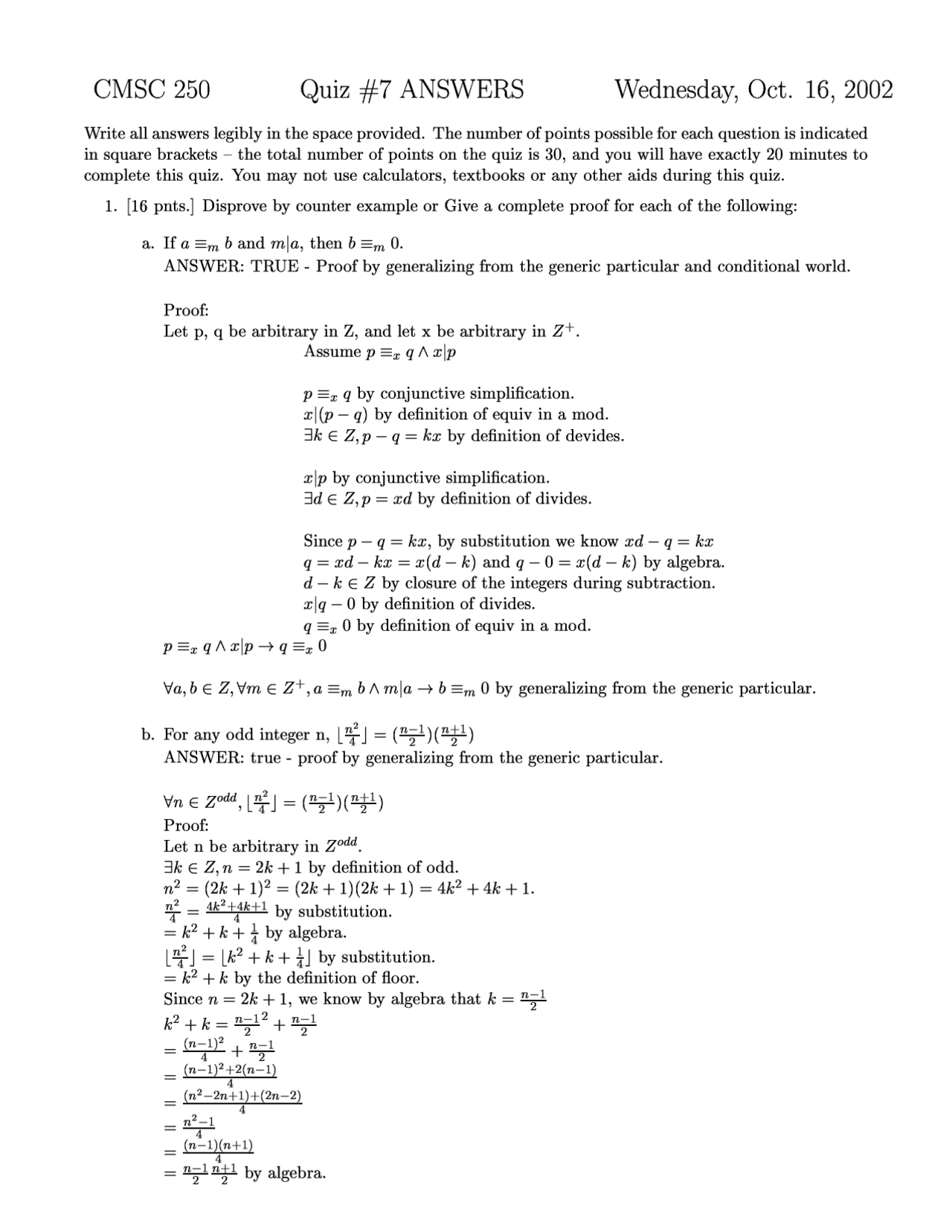 Quiz 7 With Answers Discrete Structures 2002 Cmsc 250 Docsity