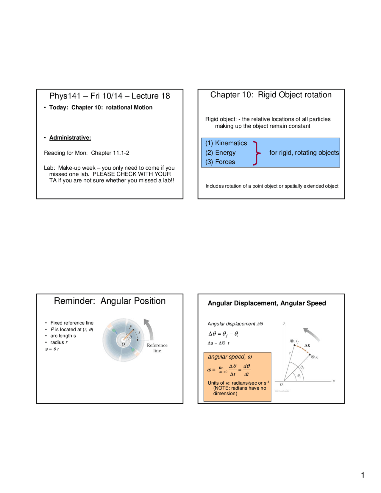 Rotational Motion Lecture Slides Phys 141 Docsity