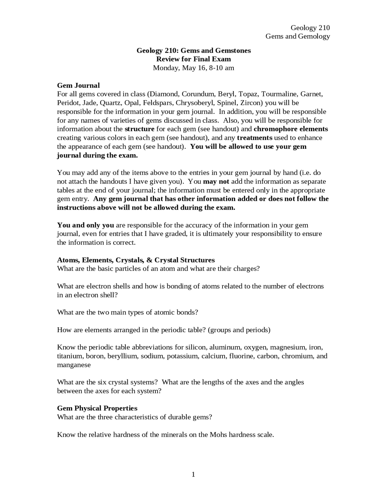Review Problems For Final Exam Gems And Gemstones Geol 210 Docsity