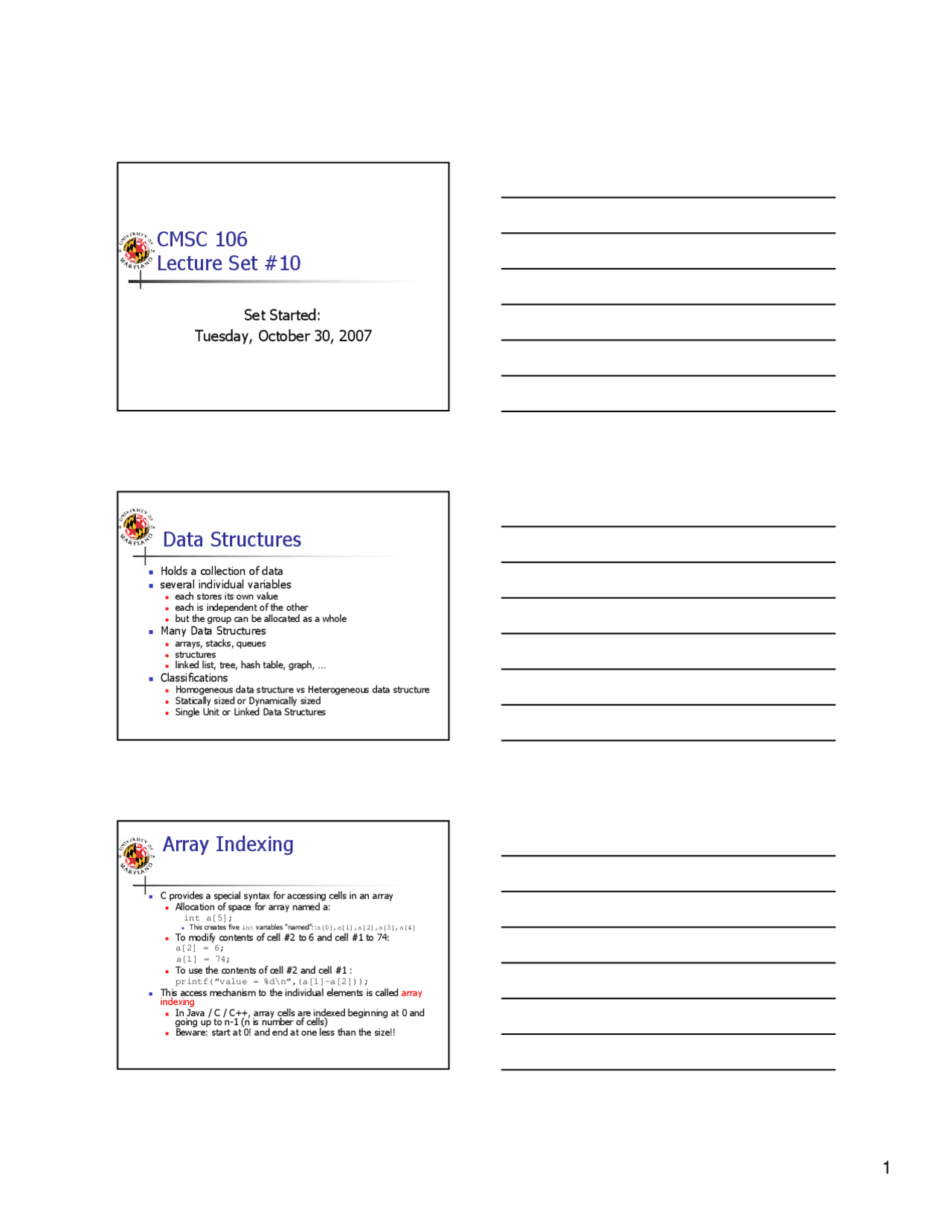 Data Structure, Array Indexing, Square Brackets and Specifying Length | CMSC 106 - Docsity