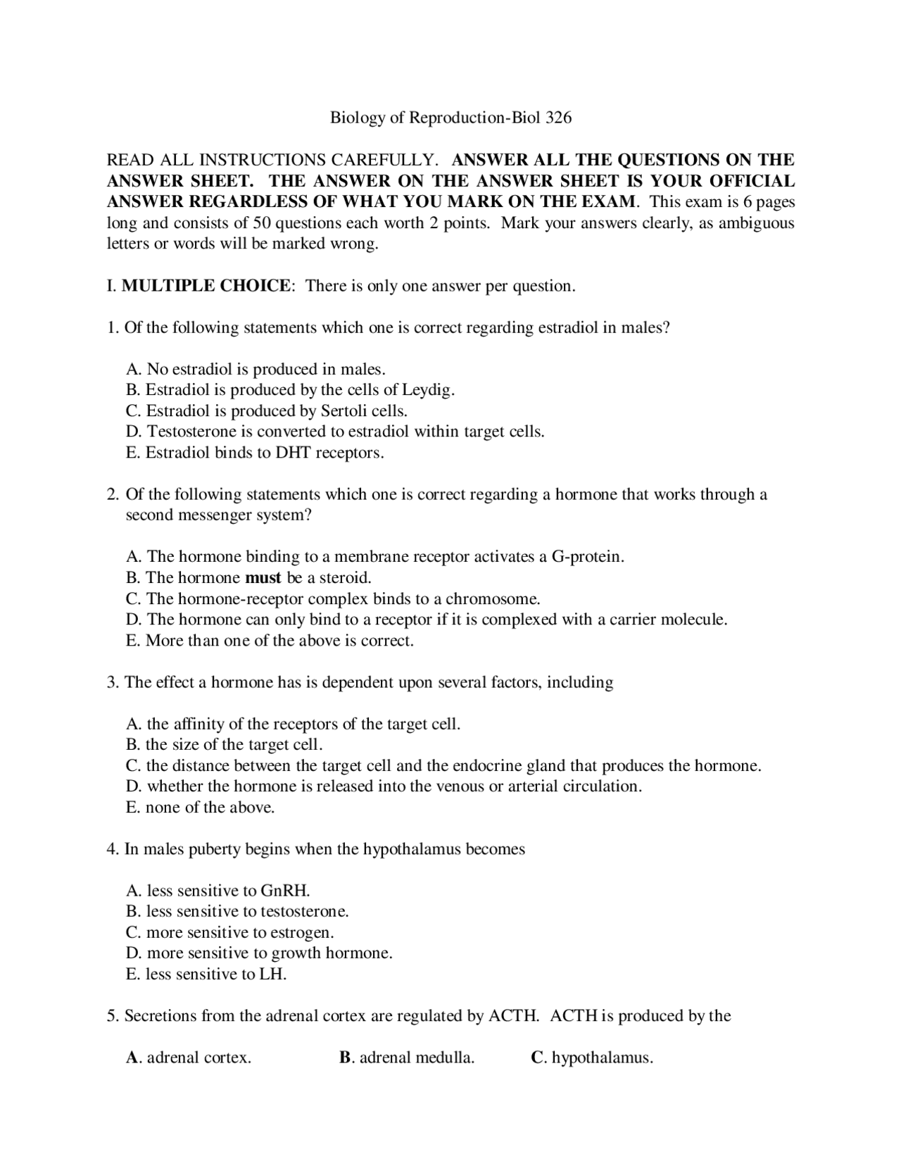Exam 1 Questions Biology Of Reproduction Bsci 342 Docsity