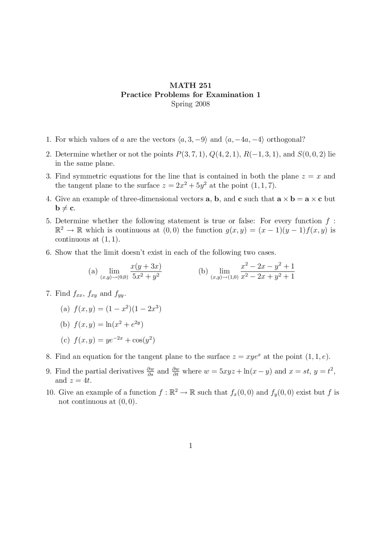 Practice Problems For Exam 1 Engineering Mathematics Iii Math 251