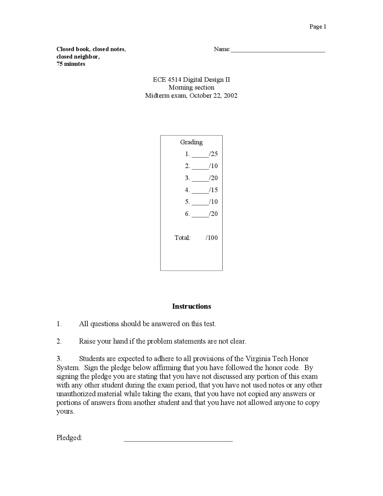 Midterm Exam Digital Design Ii Ece 4514 Docsity