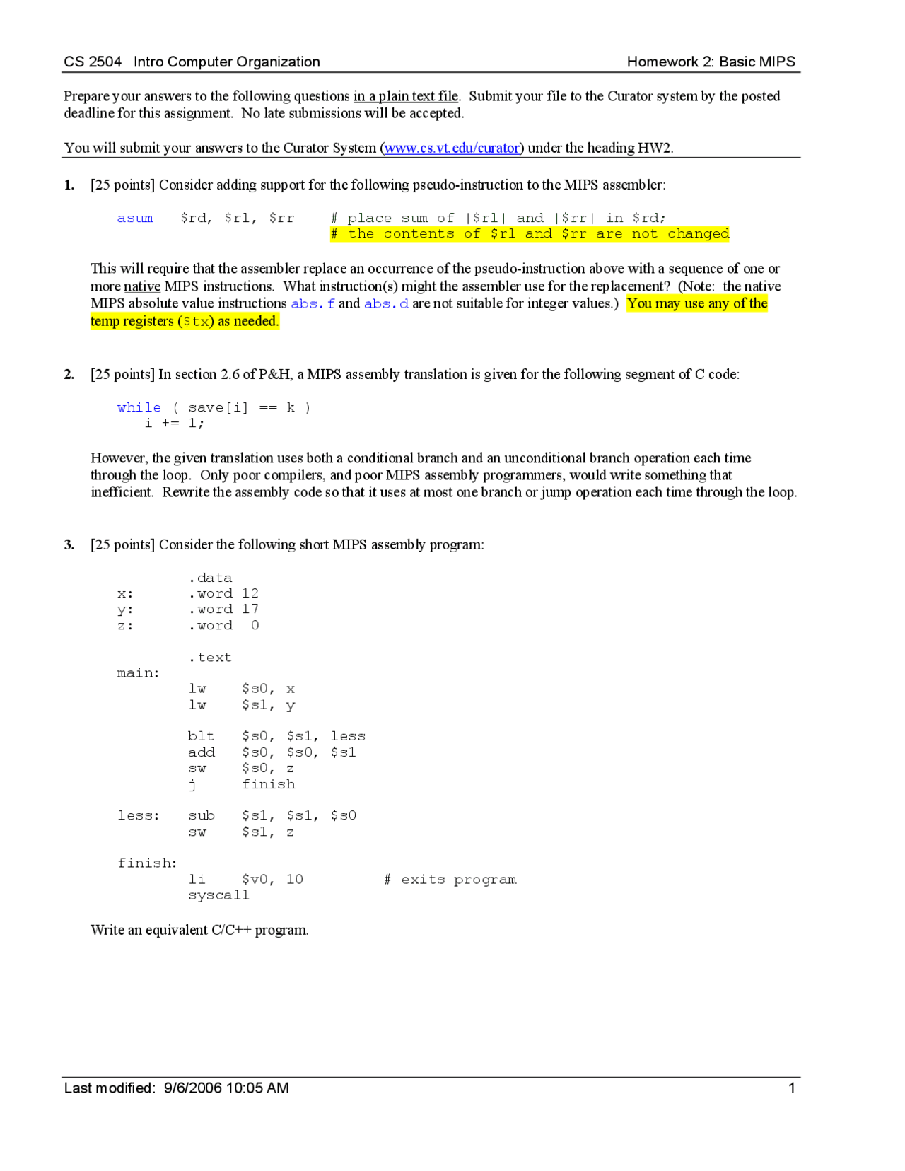 Homework 2 For Introduction To Computer Organization Cs 2504 Docsity