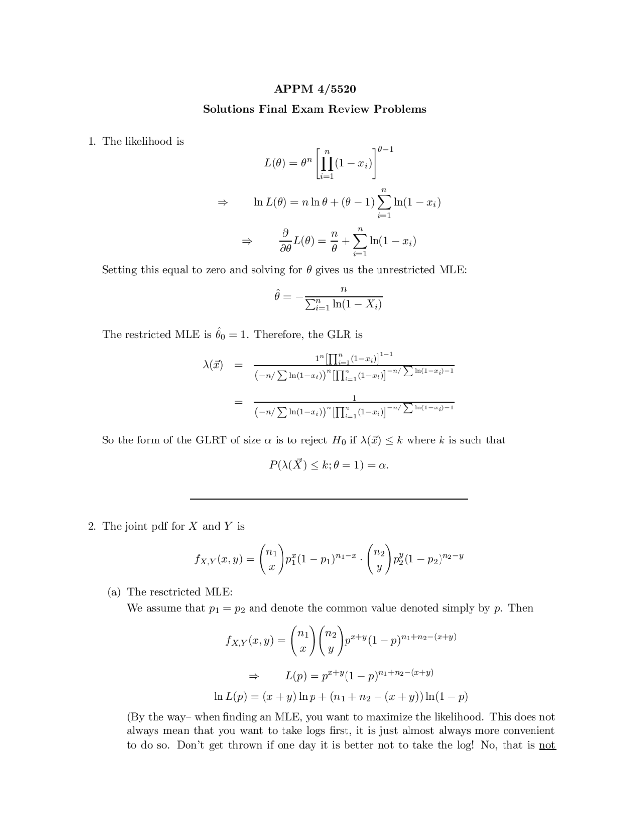 4 Solved Problems On Mathematical Statistics Final Exam Appm 4520