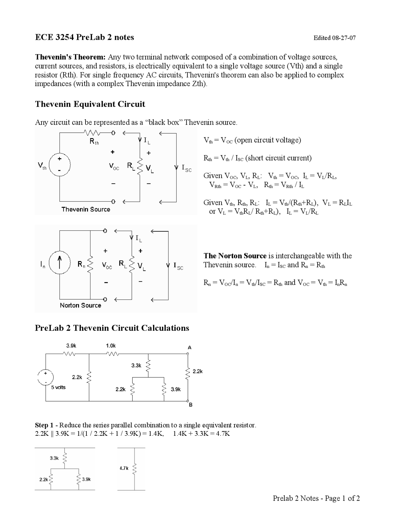 Thevenin Equivalent Circuit Pre Lab Notes Ece 3254 Docsity