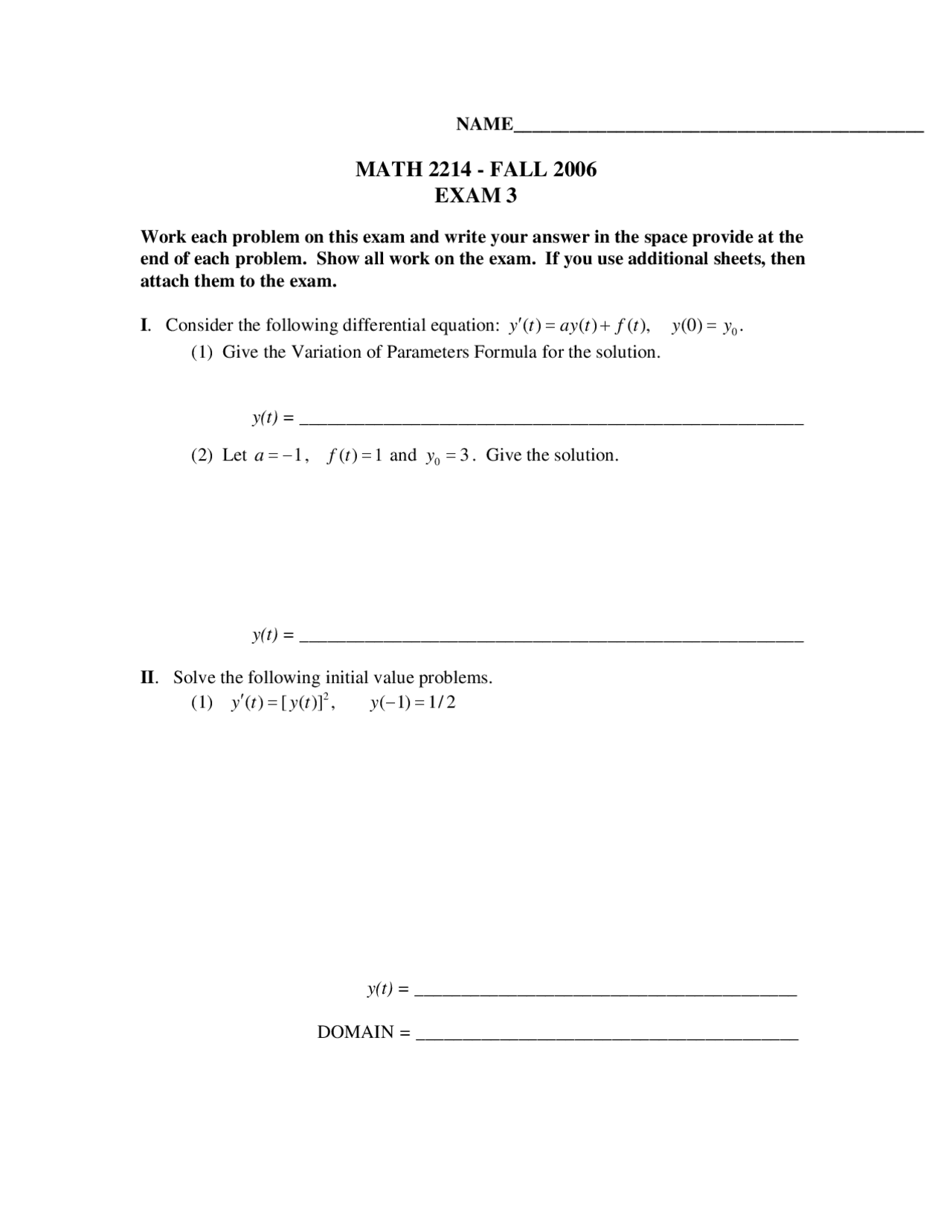 Exam 3 Introduction To Differentiation Equations Fall 2006 Math