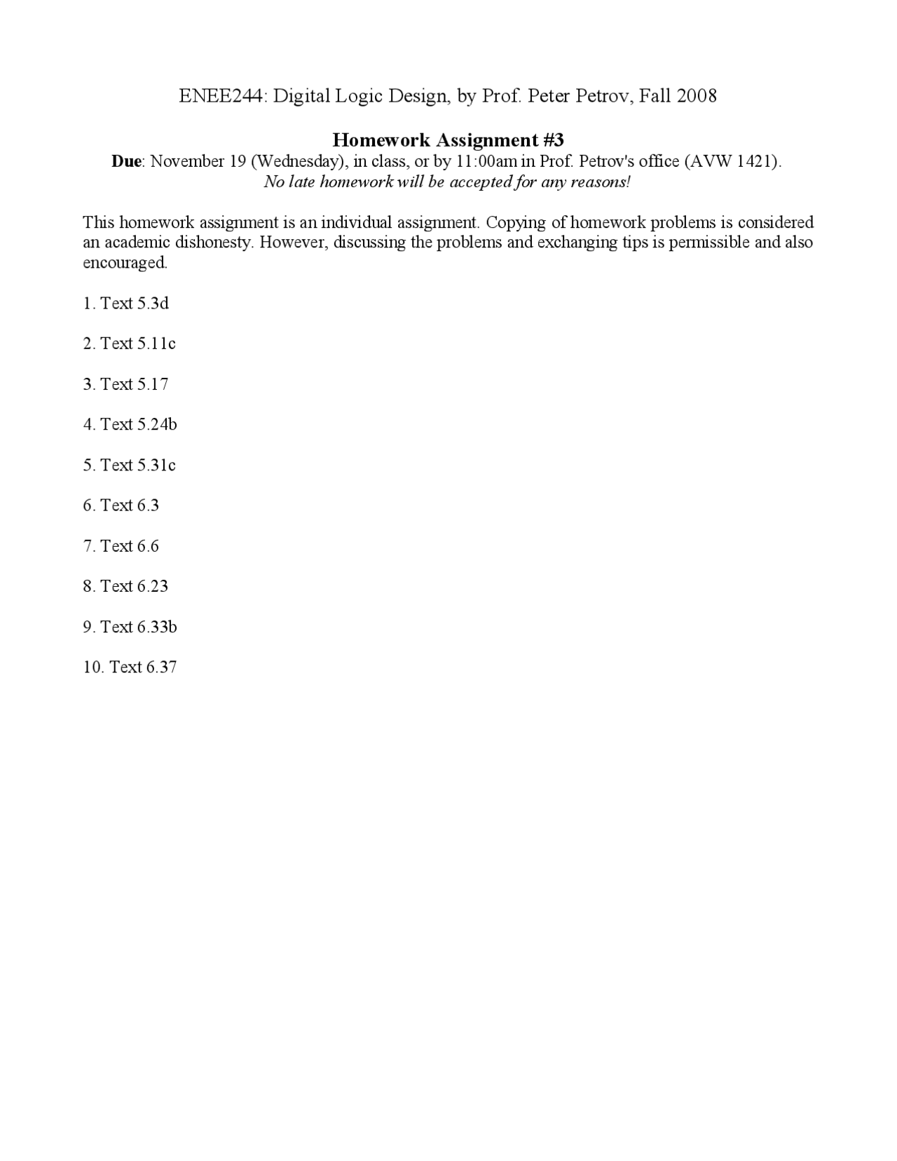Digital Logic Design Homework 3 Enee 244 Docsity