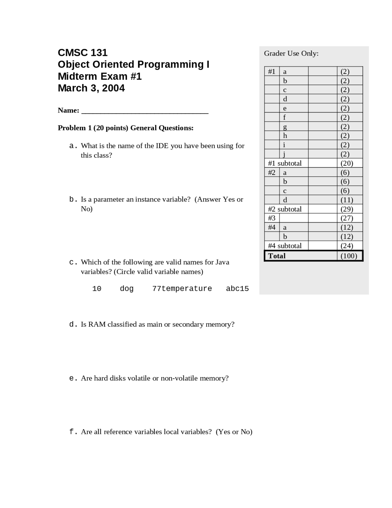 Object Oriented Programming I Midterm Exam 1 Cmsc 131 Docsity