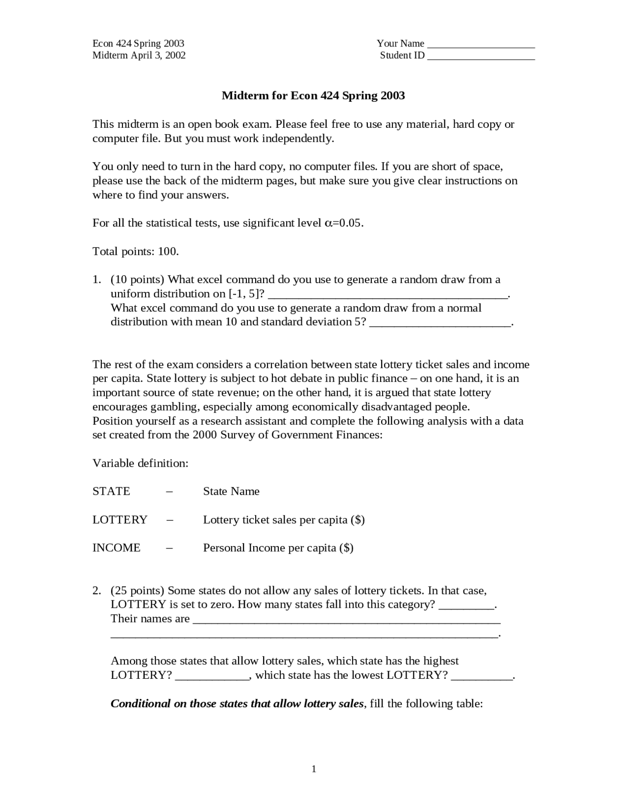 Midterm Exam For Computer Method In Economics Spring 2003 Econ 424