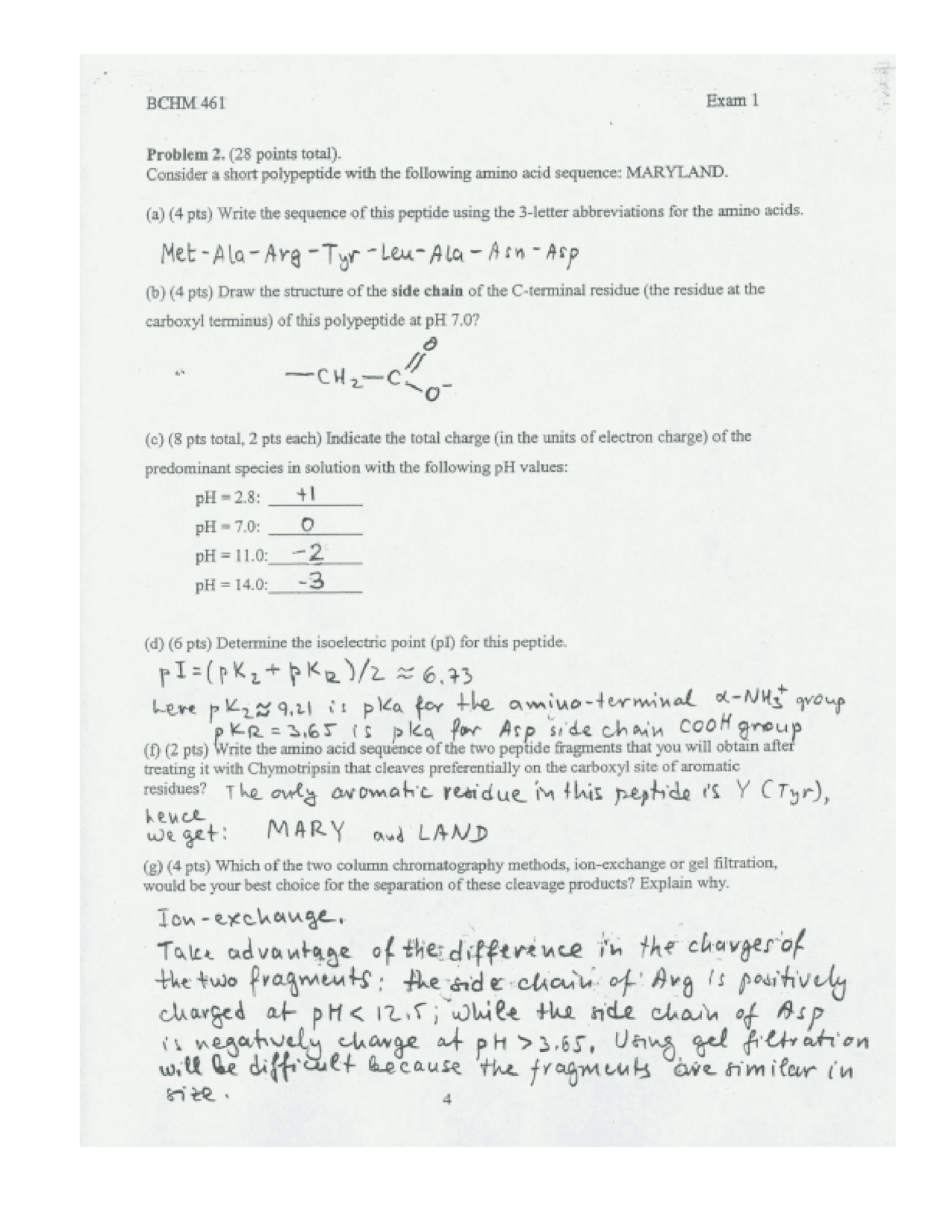Biochemistry I Solution Manual For Exam 1 Bchm 461 Docsity