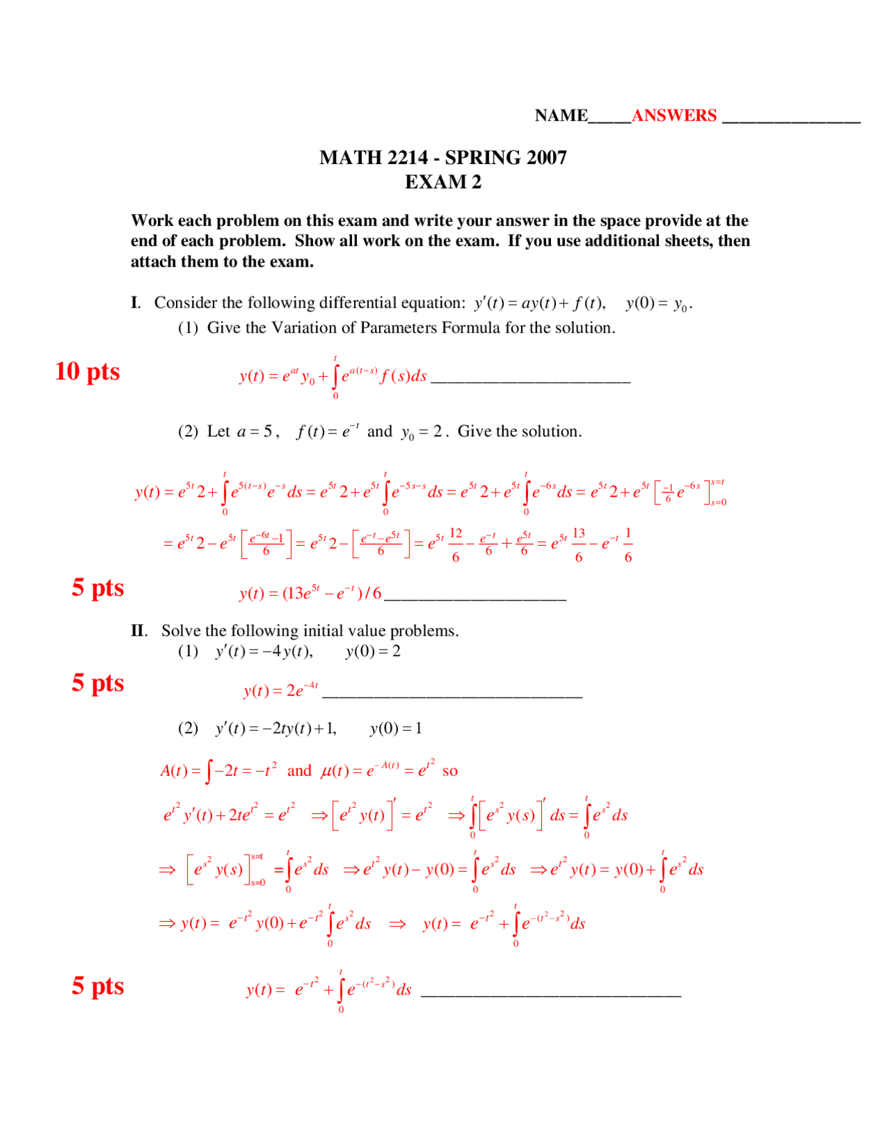 Past Exam 2 With Solutions Introduction To Differential Equations Math 2214 Docsity