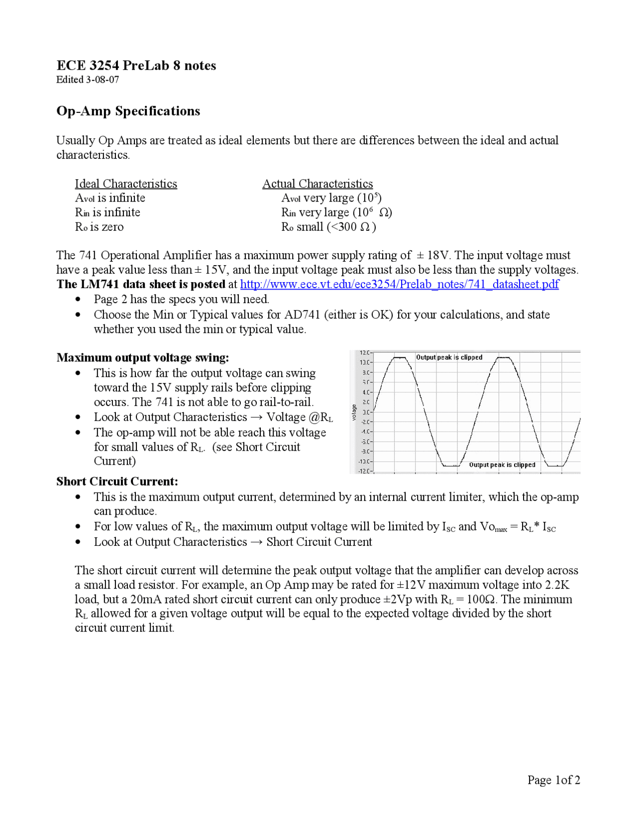 Operational Amplifier Specifications Pre Lab Notes Ece 3254 Docsity
