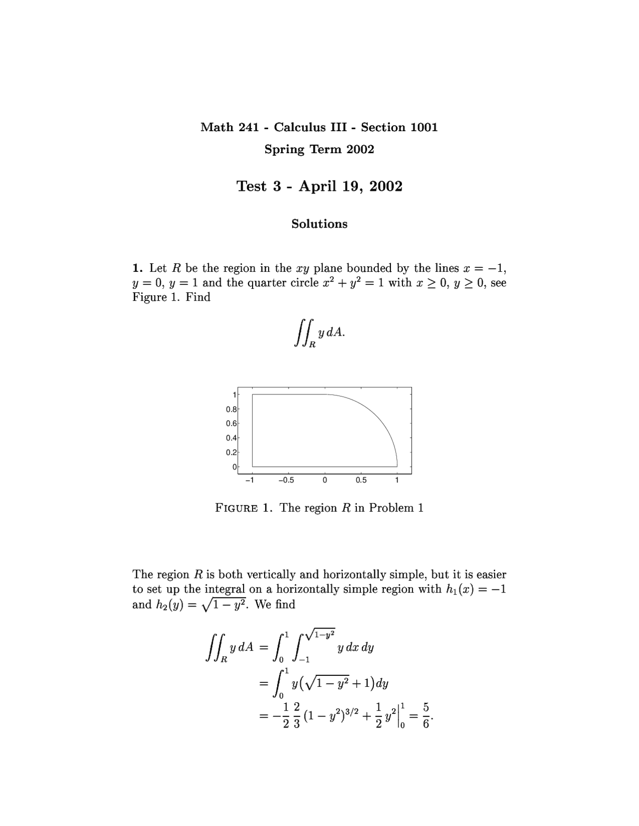 Exam 3 Solutions Calculus Iii Spring 2002 Math 241 Docsity