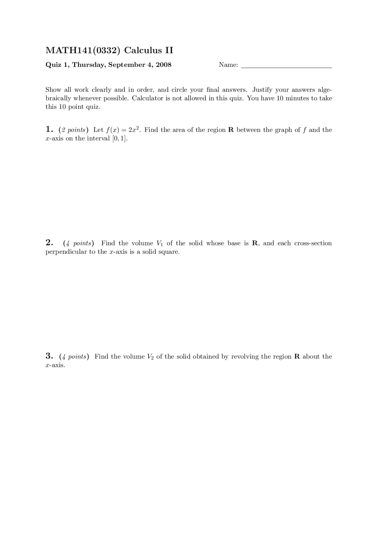 Quiz 1 Unsolved Questions Calculus Ii Math 141 Docsity