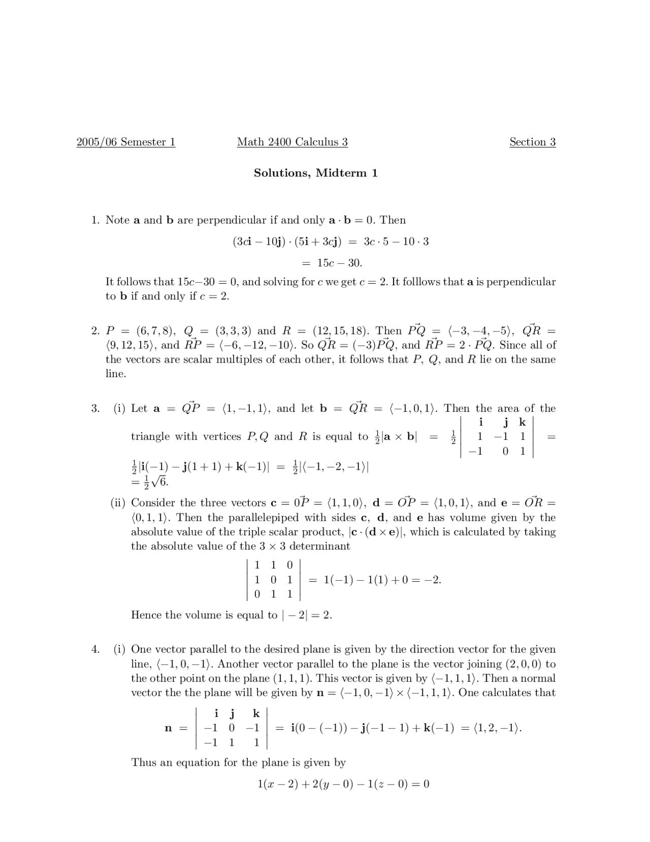 8 Questions With Solutions In Exam 1 Analytic Geometry And Calculus 3