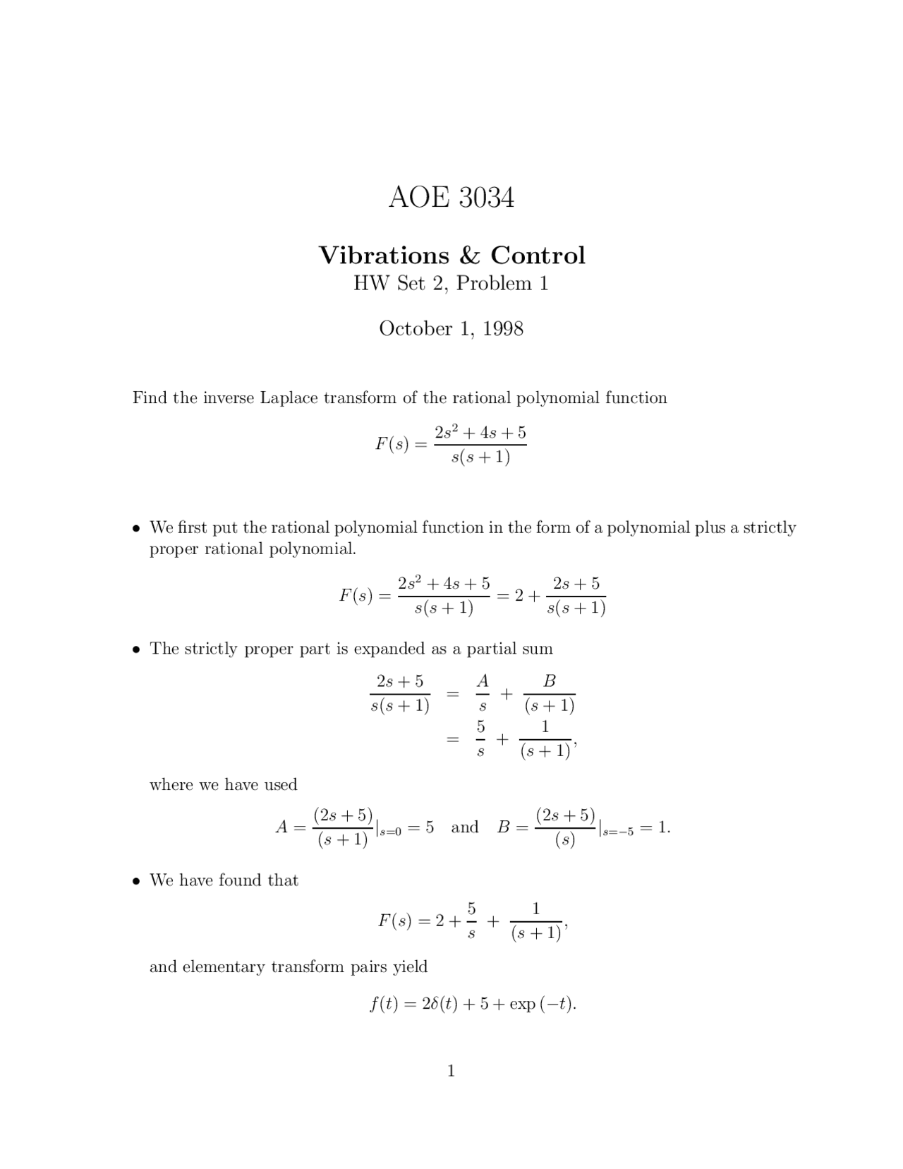 Homework Set 2 - Vehicle Vibration and Control - Fall 1998 | AOE 3034 | Assignments Advanced ...