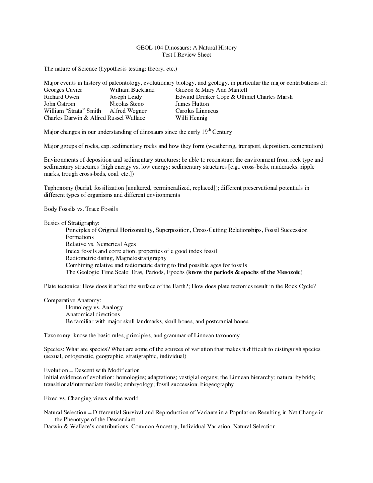 Dinosaurs Natural History Test 1 Review Sheet Geol 104 Docsity