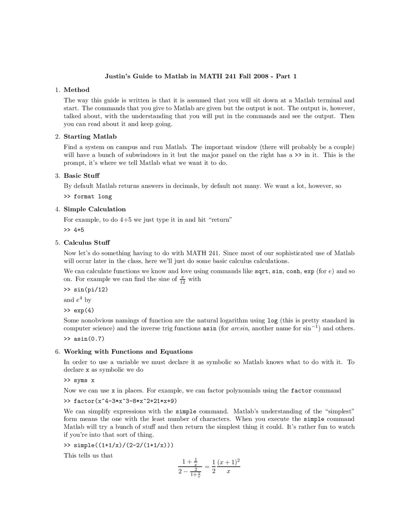 Notes On Method Starting Matlab And Basic Stuff Math 241 Docsity