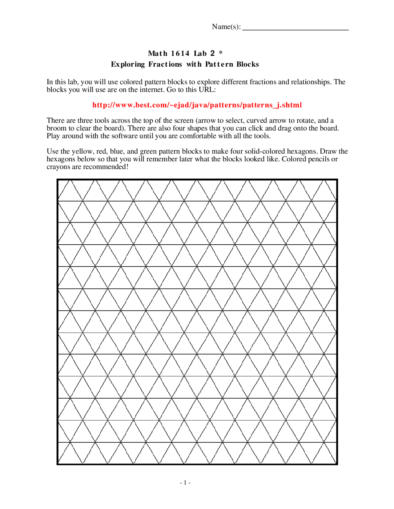 Exploring Fractions with Pattern Blocks - Lab 2 | MATH 1614 - Docsity
