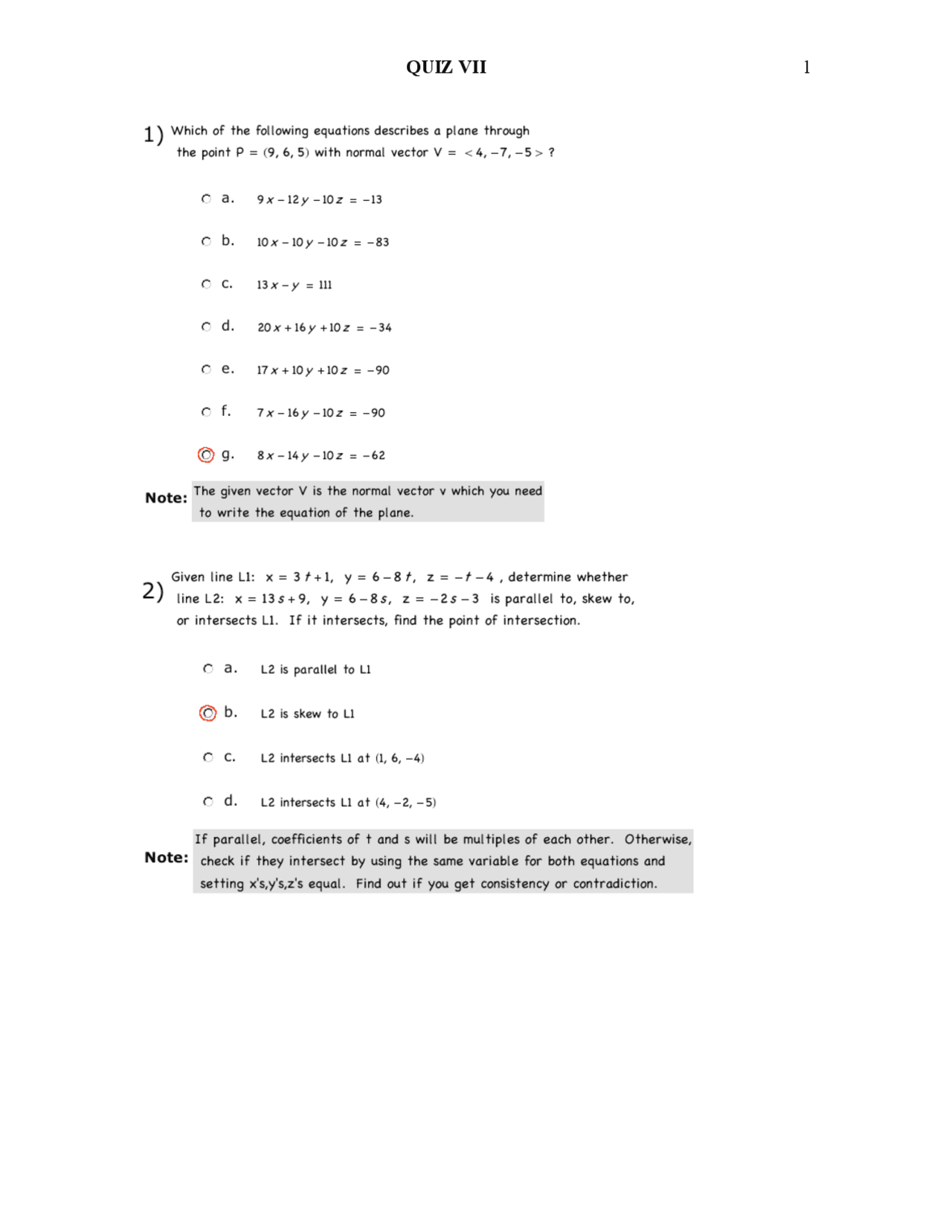 8 Questions For Quiz Vii Vector Geometry Math 1224 Docsity