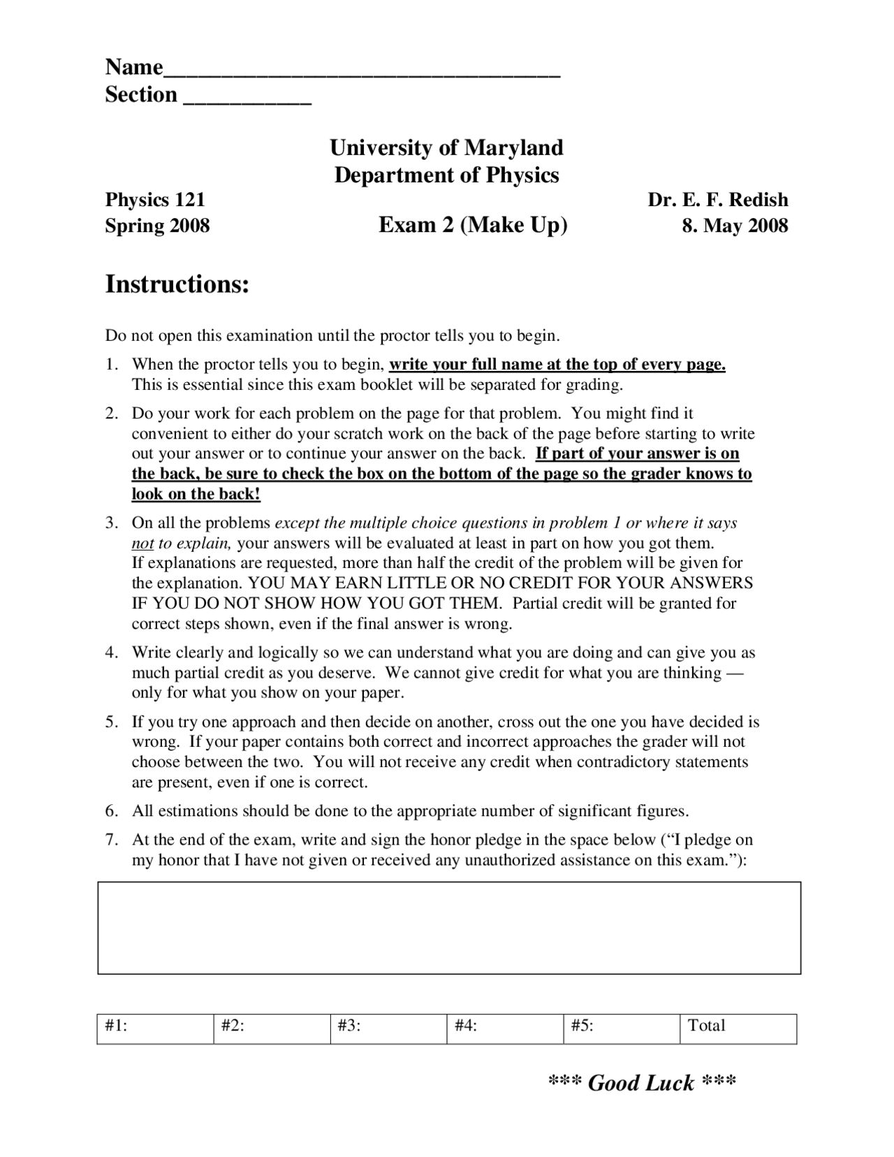 Exam 2 For Fundamental Physics Ii Spring 2008 Phys 122 Docsity