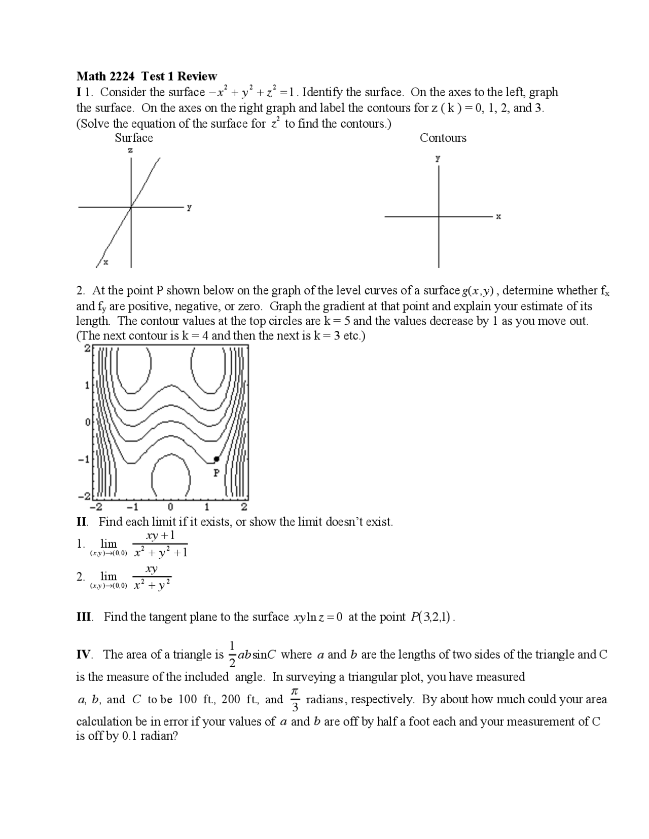 Past Test 1 Review Sheet Multivariable Calculus Math 2224 Docsity