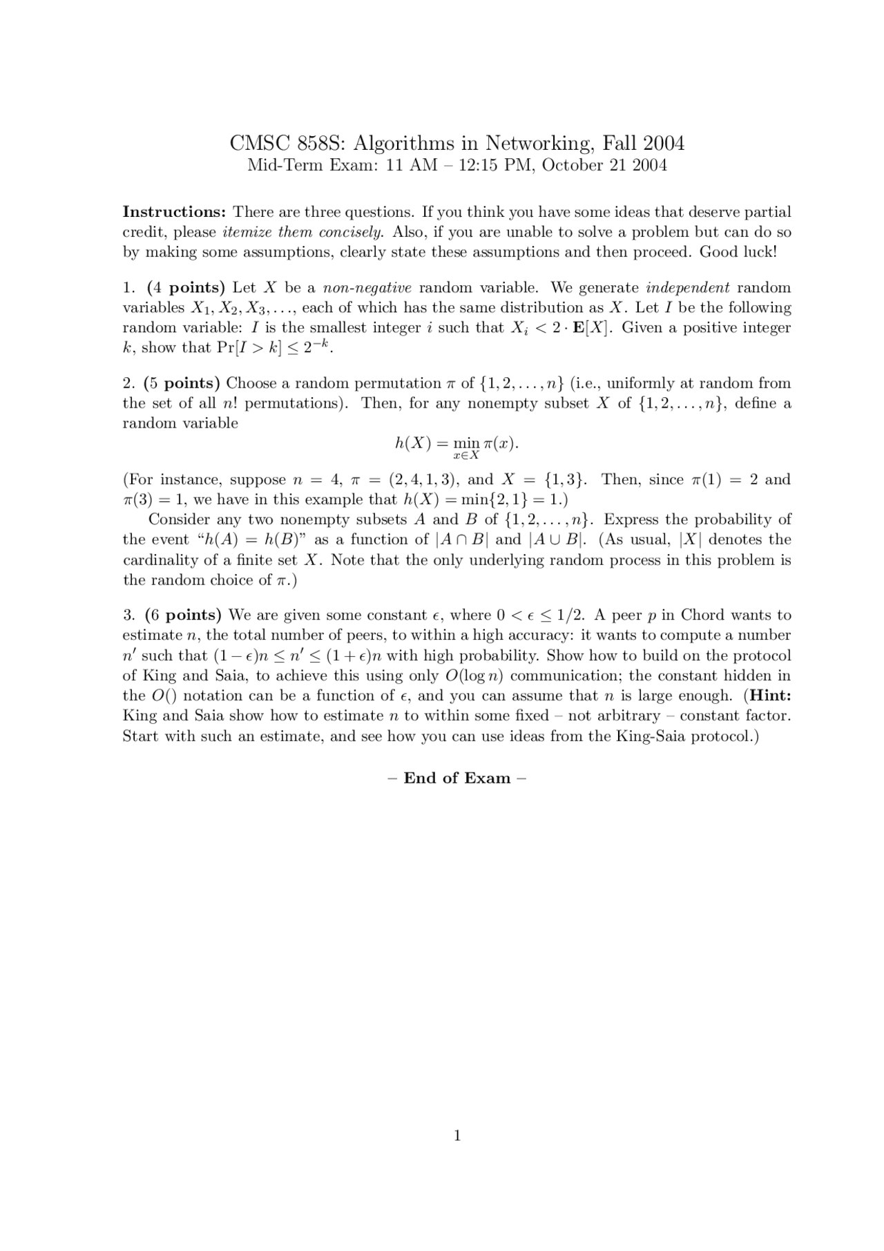 Midterm Exam Algorithms In Networking Cmsc 858 Docsity 3241