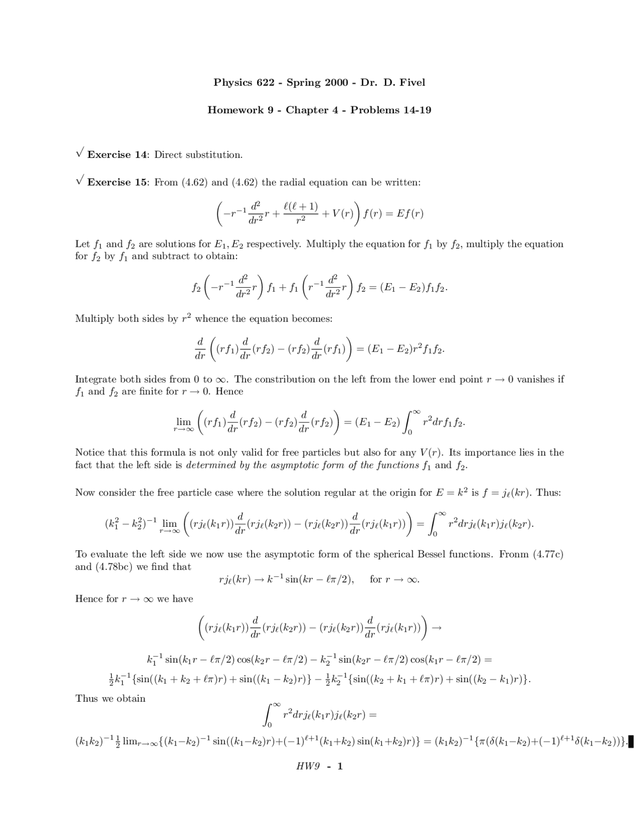 Introduction to Quantum Mechanics I - Homework 9 Solutions | PHYS 622 | Assignments Quantum ...