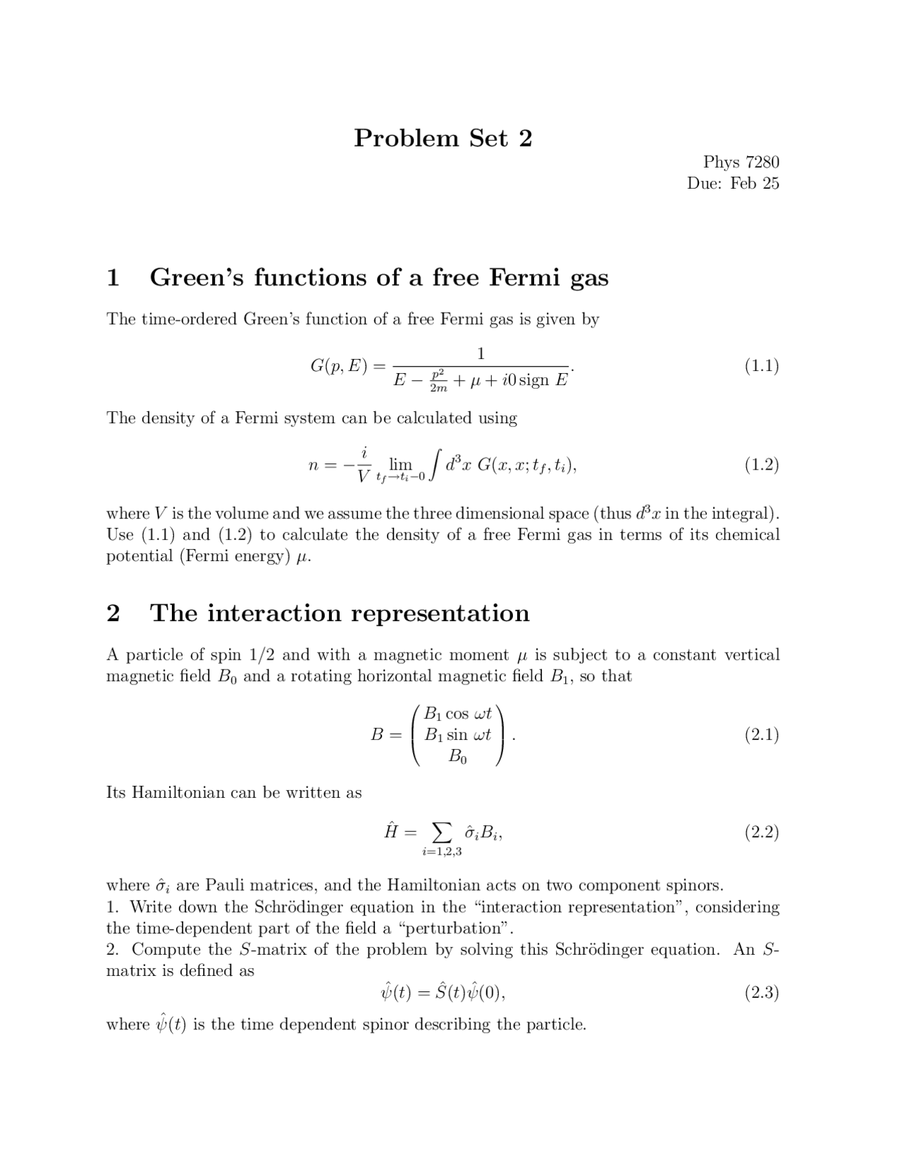 Problems On Advanced Quantum Theory Problem Set Ii Phys 7280 Docsity