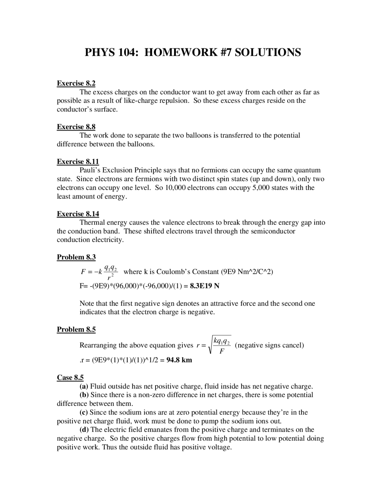 Solutions to Exercises and Problems in PHYS 104 - Electric Charge and Electric Field - Pro ...