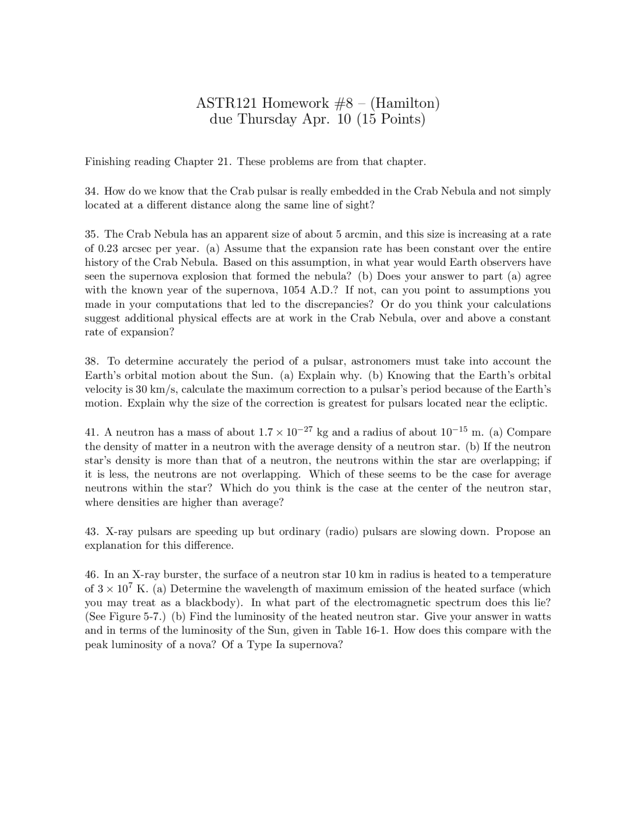 Homework 8 Problems Introduction To Astrophysics Astr 121 Docsity