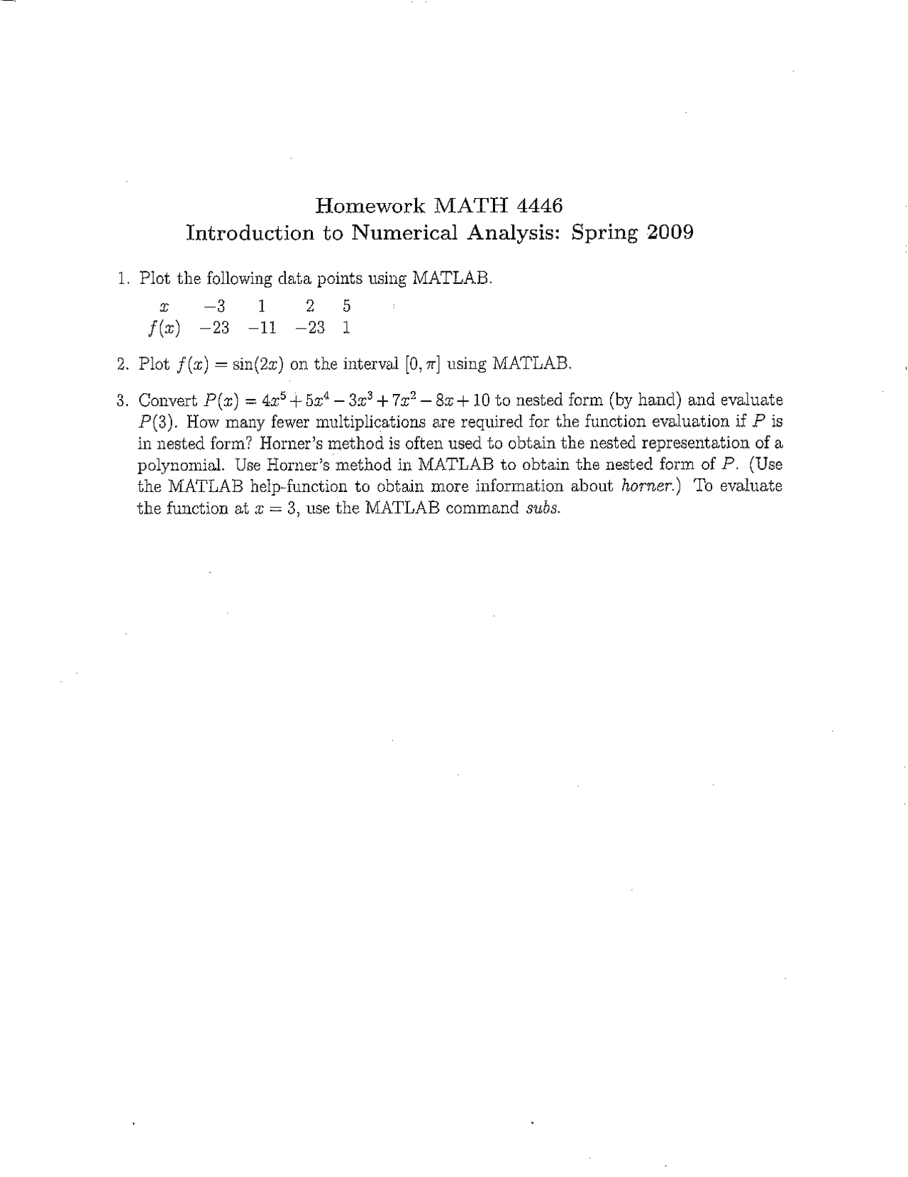 Introduction To Numerical Analysis Homework Math 4446 Docsity