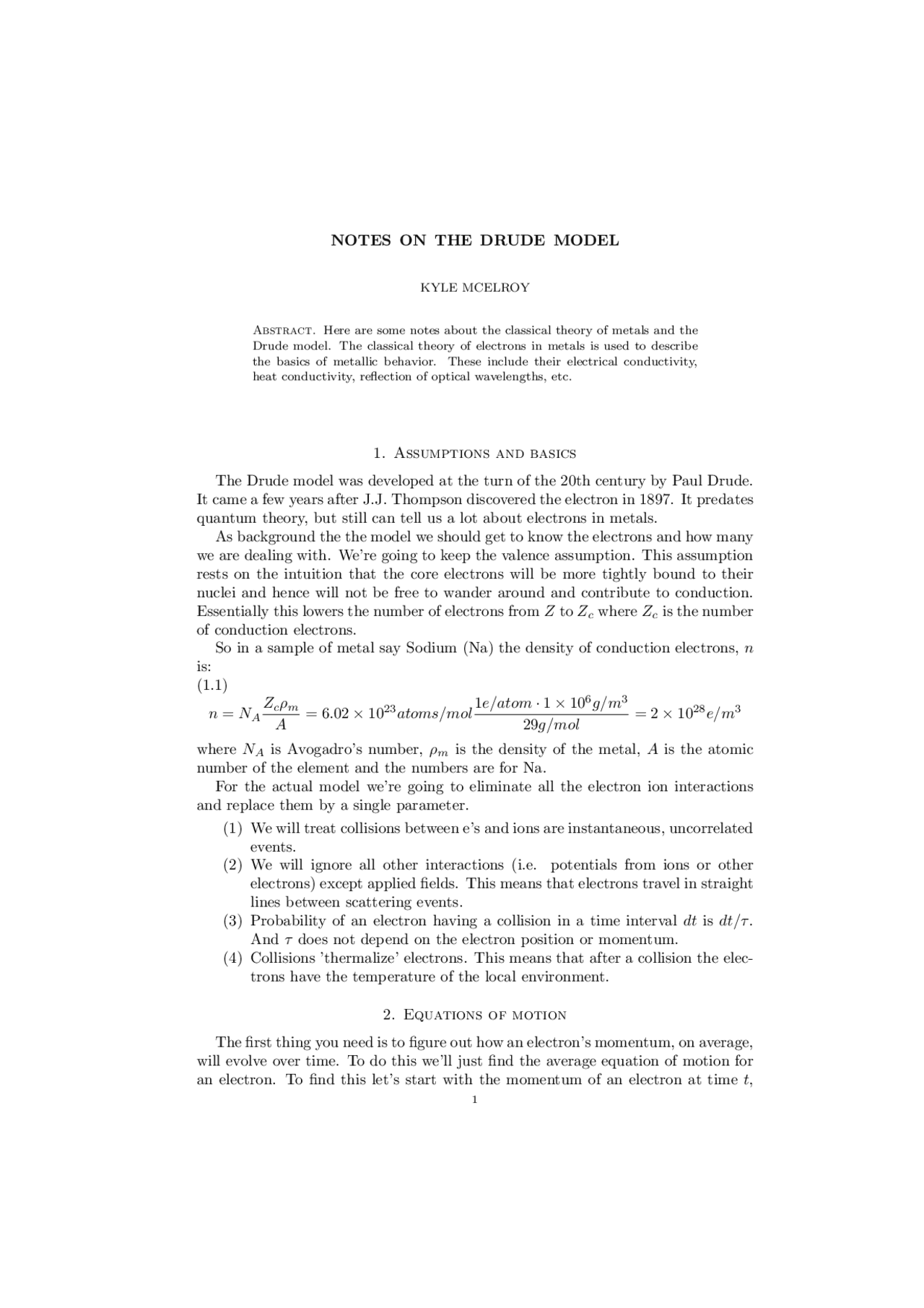 Notes on the Drude Model - Introduction to Solid State Physics | PHYS ...