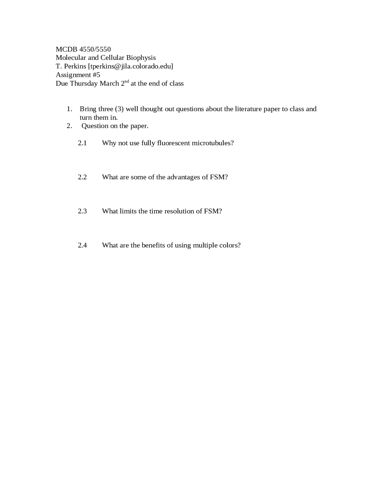 Assignment 5 Molecular And Cellular Biophysics Mcdb 4550 Docsity