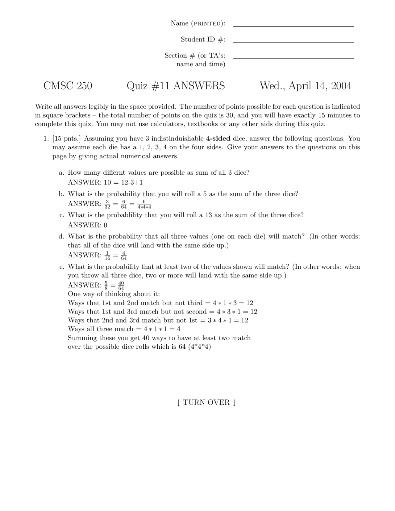 Quiz 11 With Answers Discrete Structures 2004 Cmsc 250 Docsity