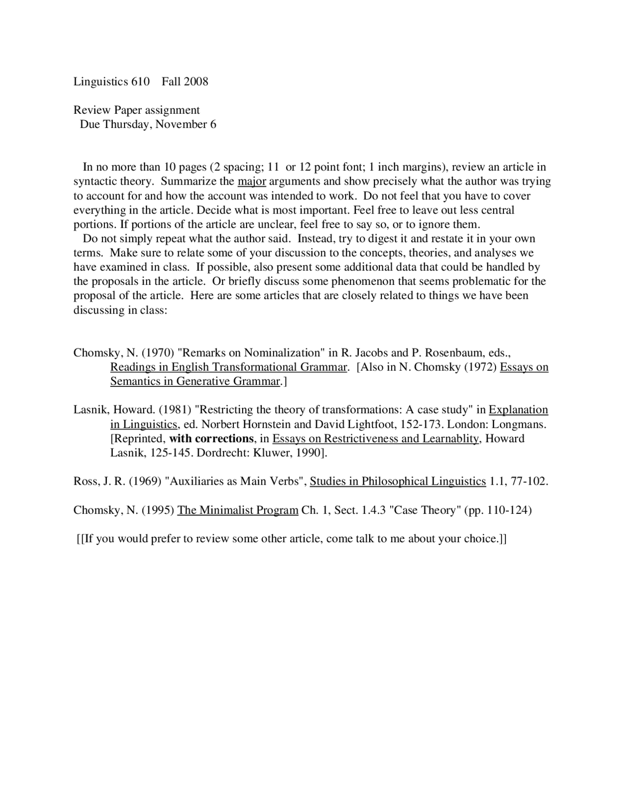 Review Paper Assignment 6 Syntactic Theory Ling 610 Assignments