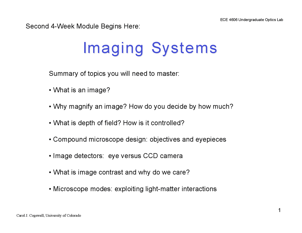 Lecture Notes On Imaging Systems Undergraduate Optics Laboratory