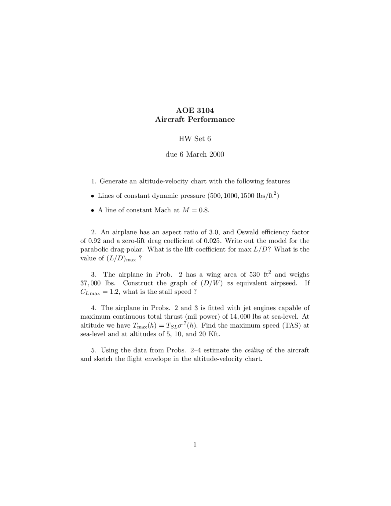Assignment 6 For Aircraft Performance Aoe 3104 Docsity