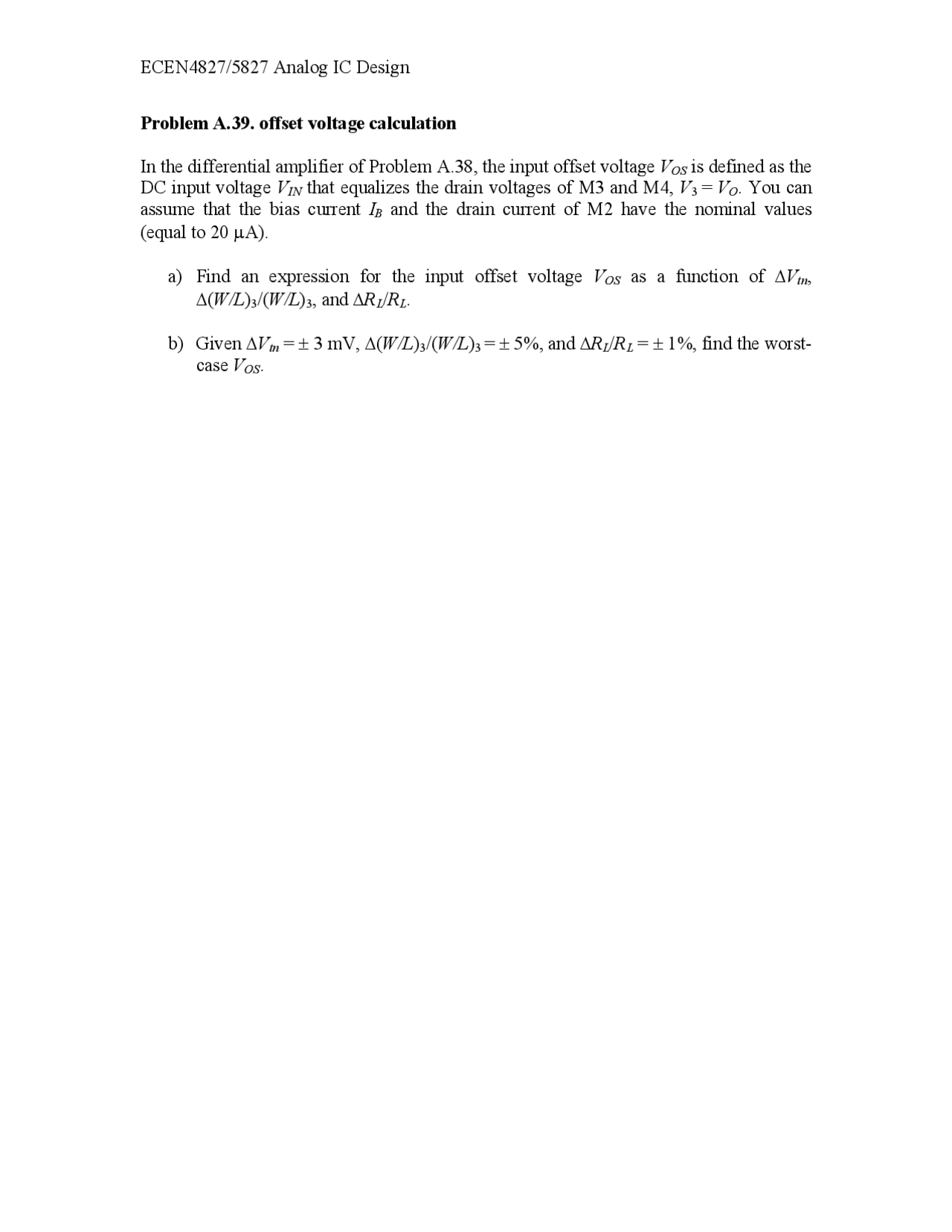 Offset Voltage Calculation Analog Ic Design Assignment 6 Problem Ecen 4827 Docsity